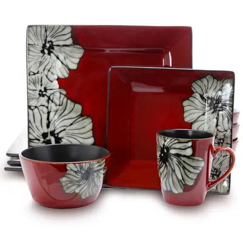 ELAMA Winter Bloom 16 Piece Square Stoneware Dinnerware Set - Red