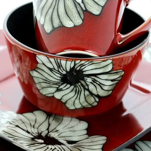 ELAMA Winter Bloom 16 Piece Square Stoneware Dinnerware Set