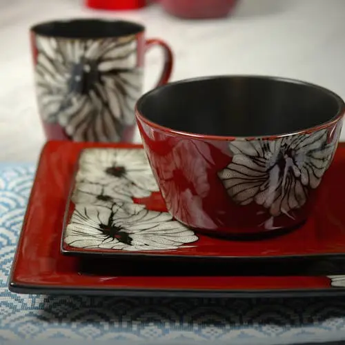 ELAMA Winter Bloom 16 Piece Square Stoneware Dinnerware Set