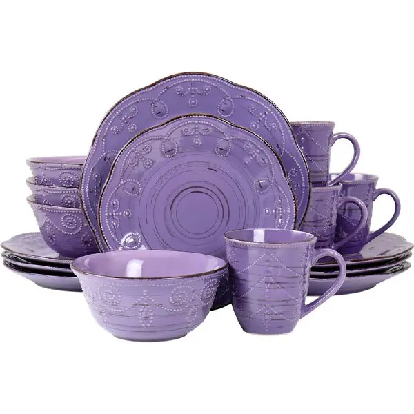 ELAMA Rustic Birch 16 Piece Stoneware Dinnerware Set - Purple