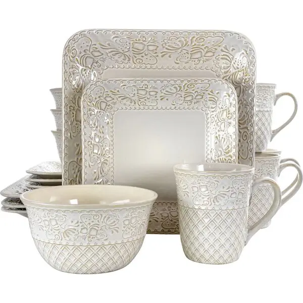 ELAMA Ivory Lotus 16 Piece Square Dinnerware Set - White
