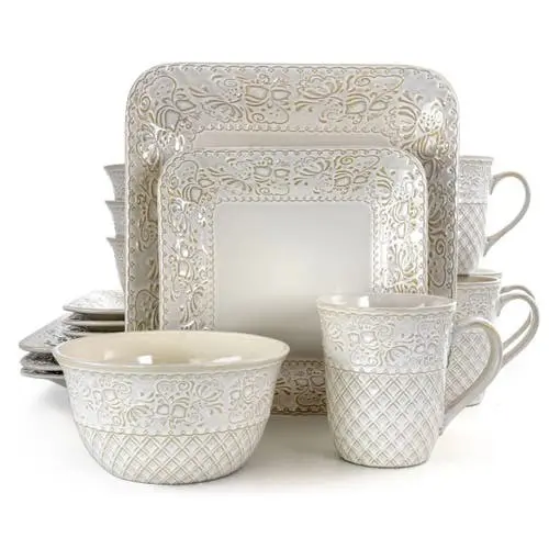 ELAMA Ivory Lotus 16 Piece Square Dinnerware Set