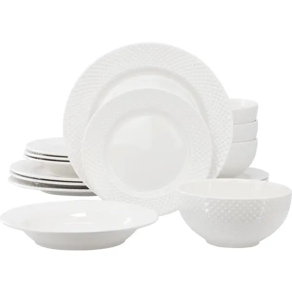 ELAMA Kim 16 Piece Hobnail Double Bowl Porcelain Dinnerware Set - White