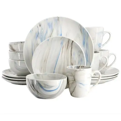 ELAMA Fine Marble 16 Piece Porcelain Dinnerware Set - Blue