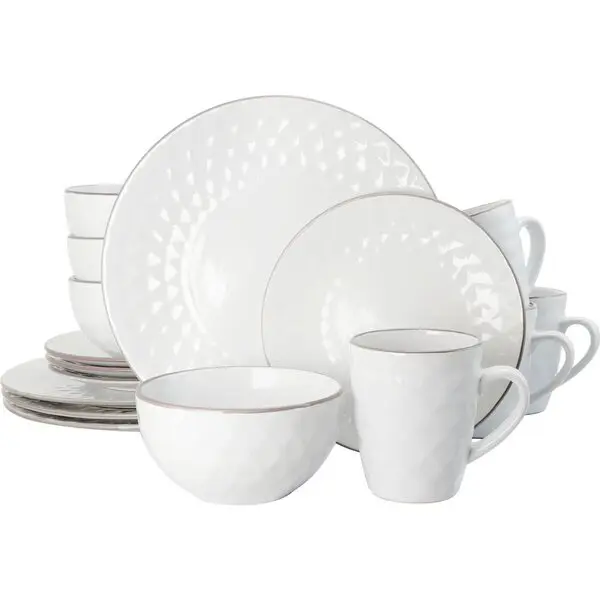 ELAMA Luxurious Medici Pearl 16 Piece Dinnerware Set With Setting For 4 - White