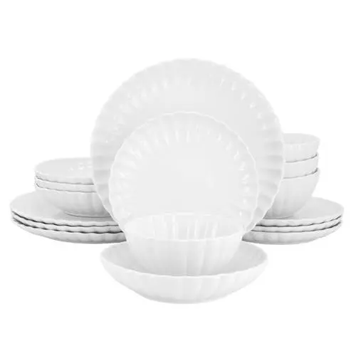 ELAMA Jane 16 Piece Scalloped Double Bowl Porcelain Dinnerware Set - White