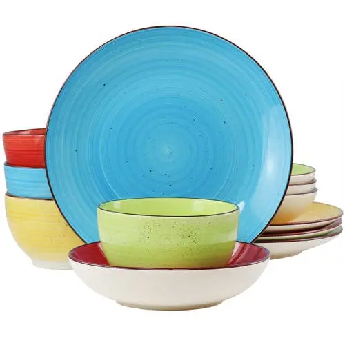 ELAMA Mason 12 Piece Double Bowl Stoneware Dinnerware Set - Yellow