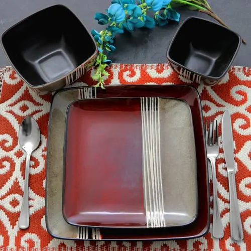 ELAMA Downtown Loft 16 Piece Double Bowl Stoneware Dinnerware Set With Service For 4