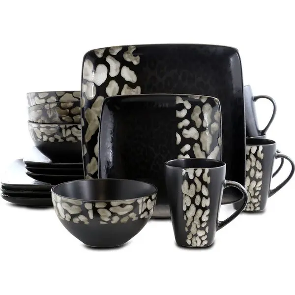 ELAMA Savannah 16 Piece Stoneware Dinnerware Set - Black