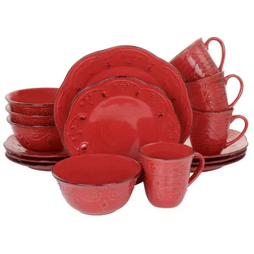ELAMA Rustic Birch 16 Piece Stoneware Dinnerware Set - Red