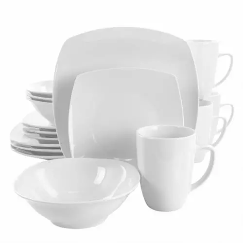 ELAMA Bishop 16 Piece Soft Square Porcelain Dinnerware Set - White