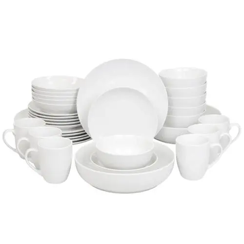 ELAMA Iris 32 Piece Porcelain Dinnerware Set With 2 Large Serving Bowls - White