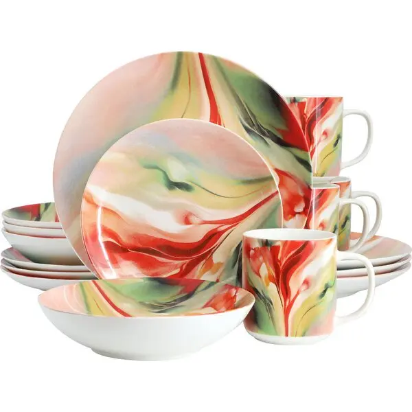 ELAMA Autumn Storm 16 Piece Abstract Design Round Porcelain Dinnerware Set - White