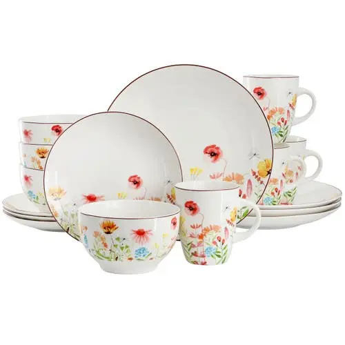ELAMA Wildflower Meadow 16 Piece Stoneware Dinnerware Set - White