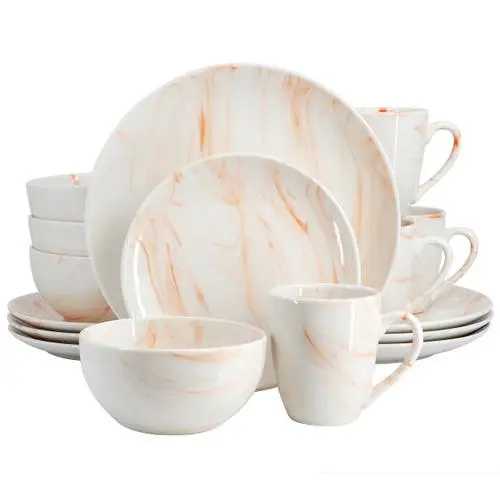 ELAMA Fine Marble 16 Piece Porcelain Dinnerware Set - Orange