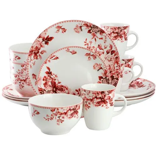 ELAMA Traditional Rose 16 Piece Stoneware Dinnerware Set - Red