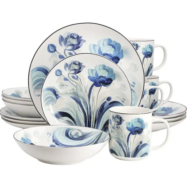 ELAMA Peony Garden 16 Piece Floral Design Round Porcelain Dinnerware Set - White