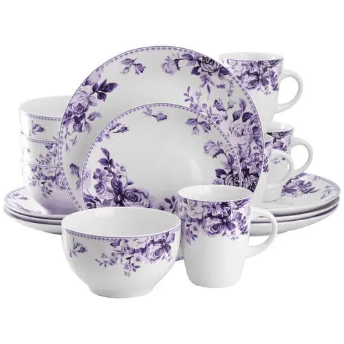 ELAMA Traditional Rose 16 Piece Stoneware Dinnerware Set - Purple