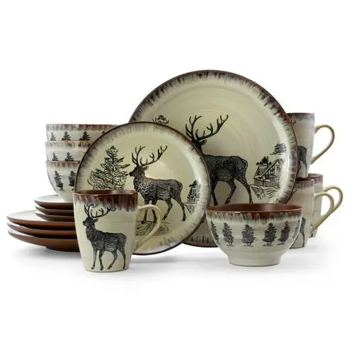 ELAMA Majestic Elk 16 Piece Luxurious Stoneware Dinnerware With Complete Setting For 4 - Beige