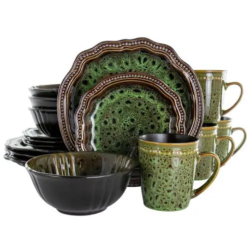 ELAMA Jade Waves 16 Piece Stoneware Dinnerware Set - Green