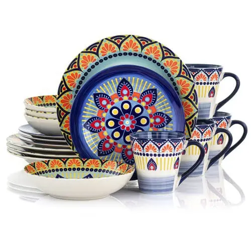 ELAMA Zen Mozaik 16 Piece Luxurious Stoneware Dinnerware With Complete Setting For 4 - Blue