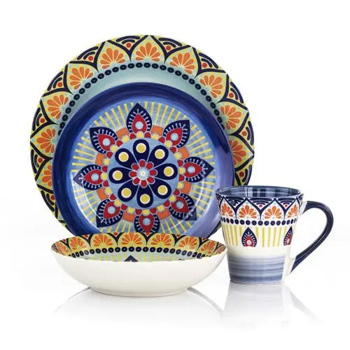 ELAMA Zen Mozaik 16 Piece Luxurious Stoneware Dinnerware With Complete Setting For 4 - Blue