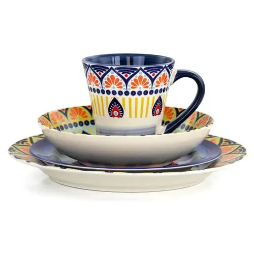 ELAMA Zen Mozaik 16 Piece Luxurious Stoneware Dinnerware With Complete Setting For 4 - Blue