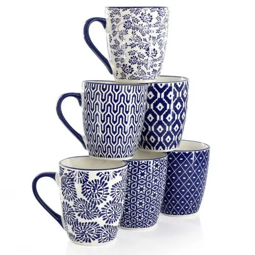 ELAMA Declan 6 Piece 12 Ounce Assorted Design Stoneware Mug Set