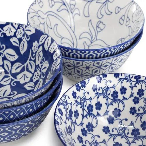 ELAMA Moxy 6 Piece Assorted Design 20oz Porcelain Footed Bowl Set
