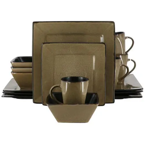 GIBSON ELITE Kiesling 16 Piece Hard Square Stoneware Dinnerware Set - Beige