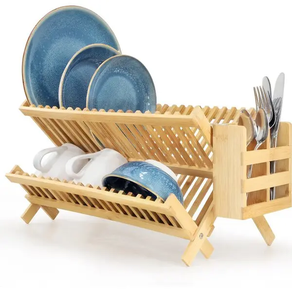 MEGACHEF 2 Tier Collapsible Kitchen Wood Drying Dish Rack - Bamboo