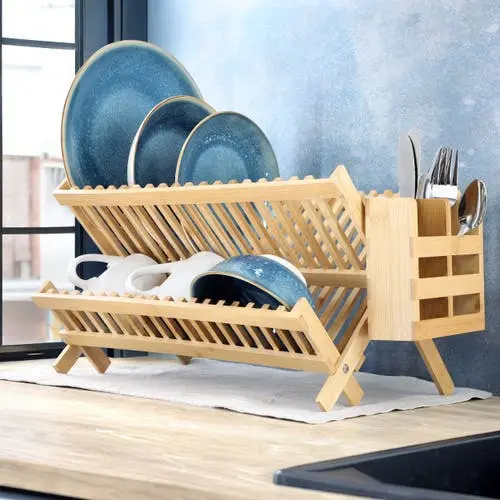 MEGACHEF 2 Tier Collapsible Kitchen Wood Drying Dish Rack