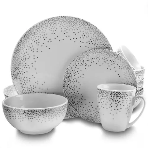 Gibson Platinum Dots 16 Piece Round Ceramic Dinnerware Set - Silver