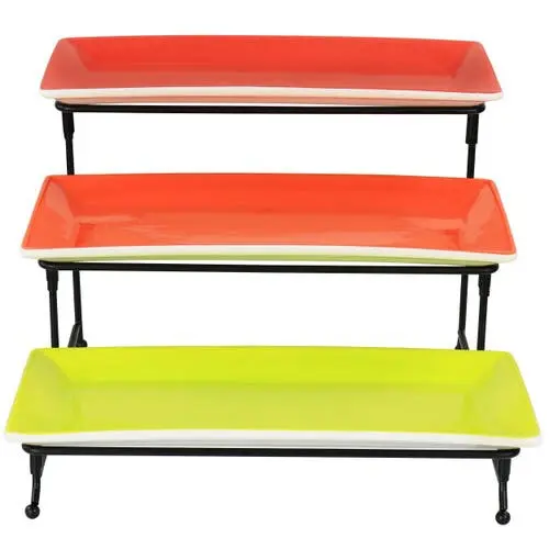 GIBSON HOME Crenshaw Hand Painted Stoneware 3-tier Serving Set With Metal Rack Color