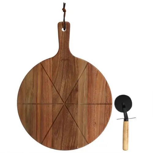 GIBSON ELITE 2 Piece Acacia Wood Serving Board And Pizza Cutter Set - Brown