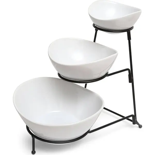 Gibson Gracious Dining 3 Tier Bowl Server Set With Metal Stand - White