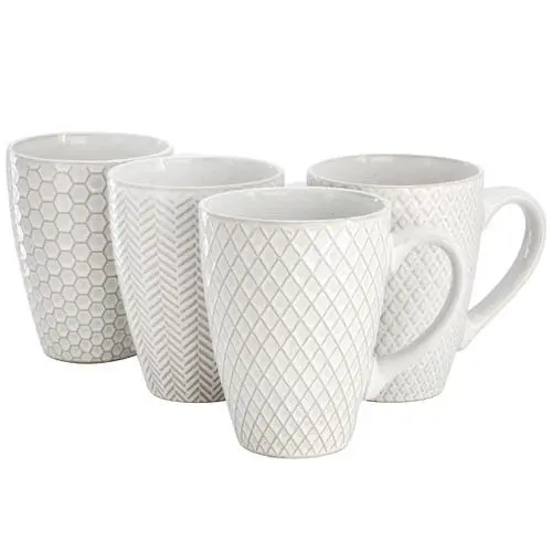 GIBSON ELITE Earlhart 4 Piece 16 Ounce Stoneware Assorted Pattern Mug Set - White