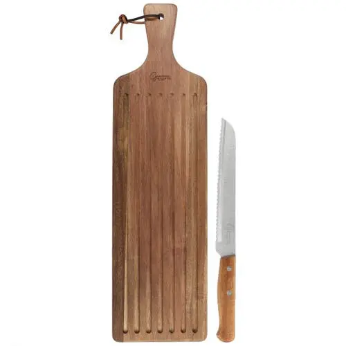 GIBSON ELITE 2 Piece Acacia Wood Serving Board And Bread Knife Set - Brown