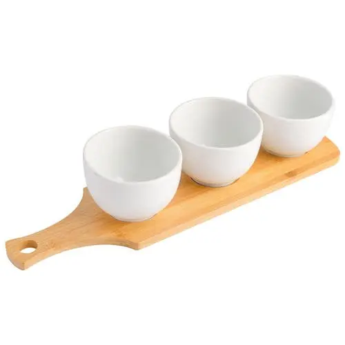 Gibson Gracious Dining 3 Piece Fine Ceramic Tidbit Bowl Set With Wood Serving Tray - White