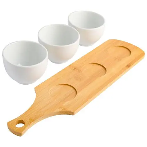 GIBSON HOME Gracious Dining 3 Piece Fine Ceramic Tidbit Bowl Set With Wood Serving Tray