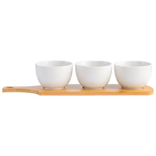 GIBSON HOME Gracious Dining 3 Piece Fine Ceramic Tidbit Bowl Set With Wood Serving Tray