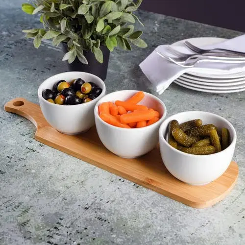 GIBSON HOME Gracious Dining 3 Piece Fine Ceramic Tidbit Bowl Set With Wood Serving Tray