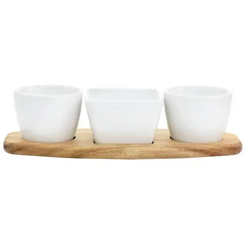 GIBSON ELITE Gracious Dining 4 Piece Fine Ceramic Tidbit Dish Set With Acacia Wood Base - White