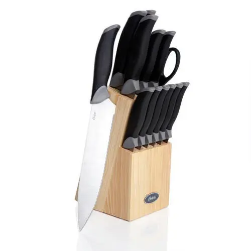 OSTER Lingbergh 14 Piece Stainless Steel Cutlery Knife Set With Pine Wood Block - Black