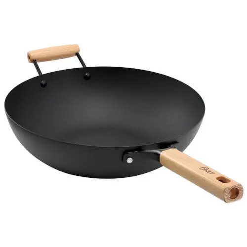 OSTER Northcliffe 13.5 Inch Round Carbon Steel Flat Base Wok With Wooden Handles - Black