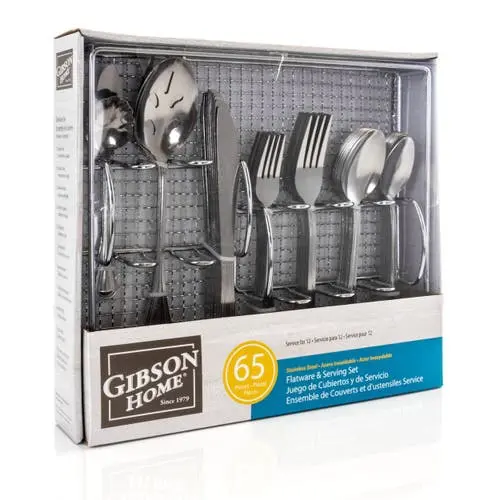 GIBSON HOME South Bay 65 Piece Stainless Steel Flatware Service Set With Wire Caddy - Metallic Silver
