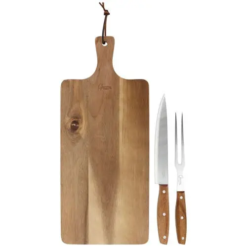 GIBSON ELITE 3 Piece Acacia Wood Serving Board With Carving Knife And Fork - Brown