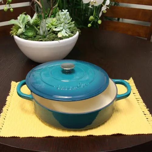 CROCK-POT Enameled Cast Iron 5 Quart Round Braiser Pan With Self Basting Lid - Blue