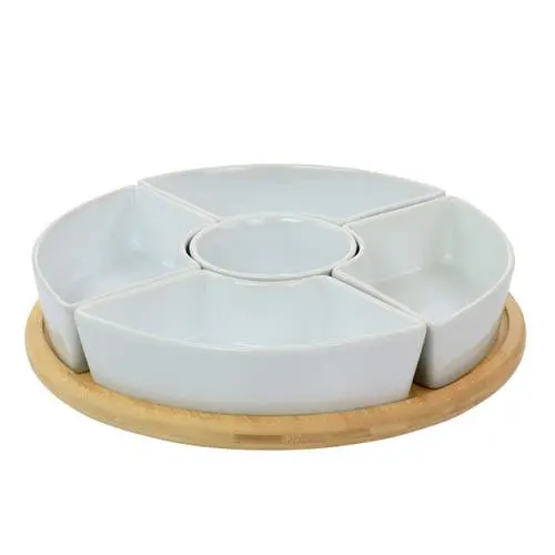 GIBSON ELITE Gracious Dining 6 Piece Tidbit Dish Set With Rotating Wood Base - White
