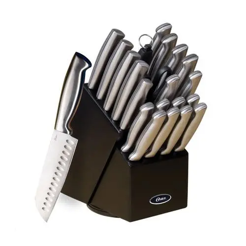OSTER Baldwyn 22 Piece Stainless Steel Cutlery Set With Stainless Steel Handles And Wooden Block - Silver